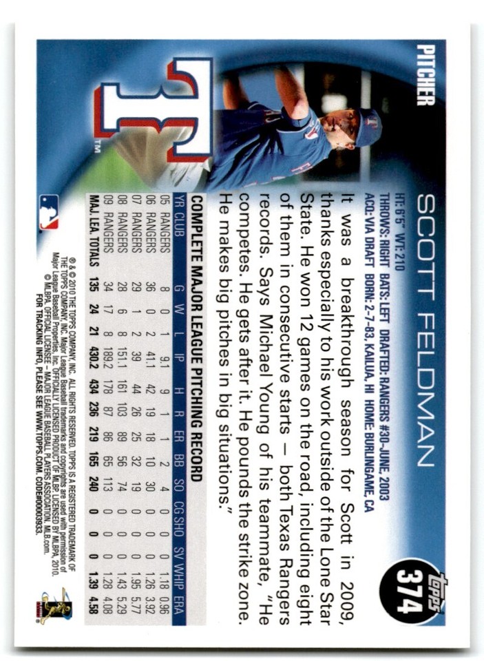 2010 Topps Scott Feldman Texas Rangers #374 | eBay