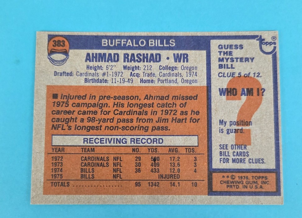 1976 Topps #383 Ahmad Rashad Buffalo Bills FOOTBALL Card 1F | eBay