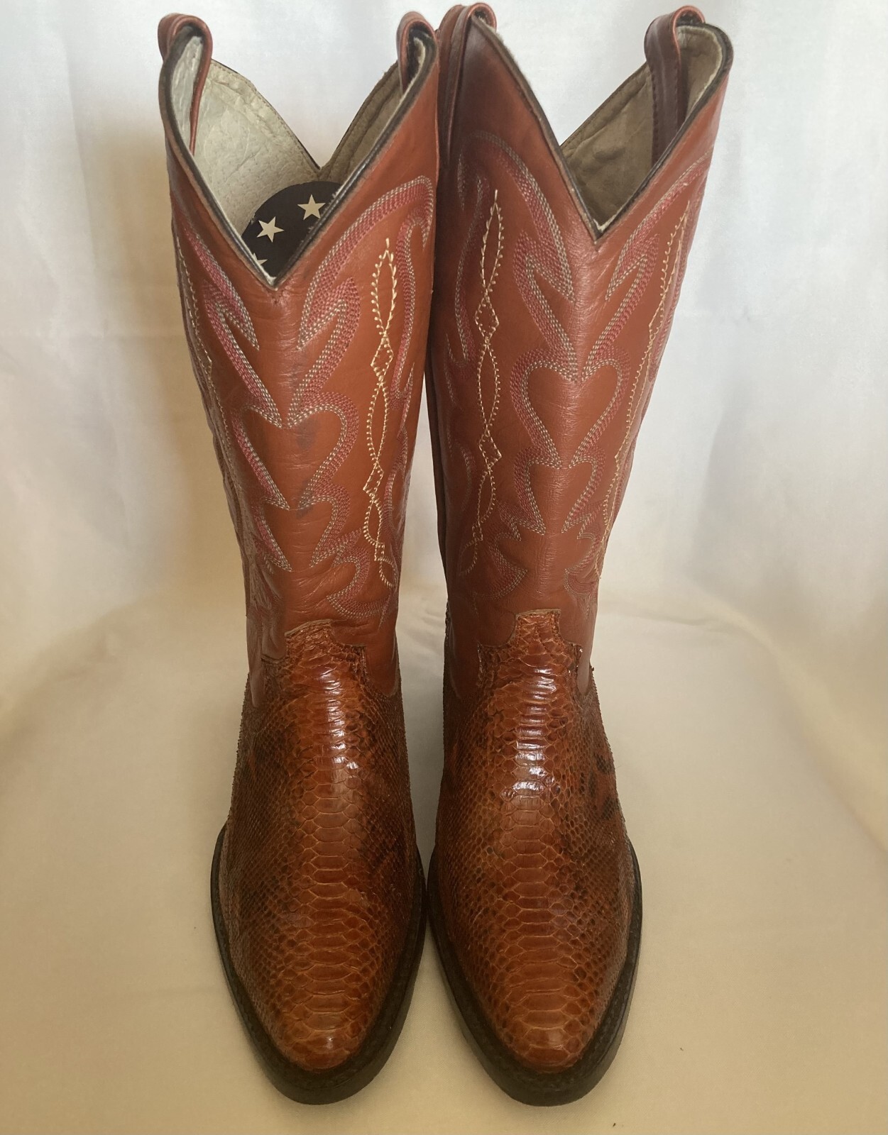 WESTERN BOOTS 7 M COGNAC GENUINE PYTHON SKIN VAMP & QUARTER ROUND TOE ...