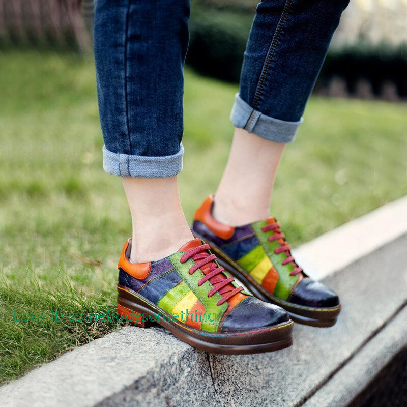 Retro Womens Flat College Shoes Color Stitching Leather Round Toe ...