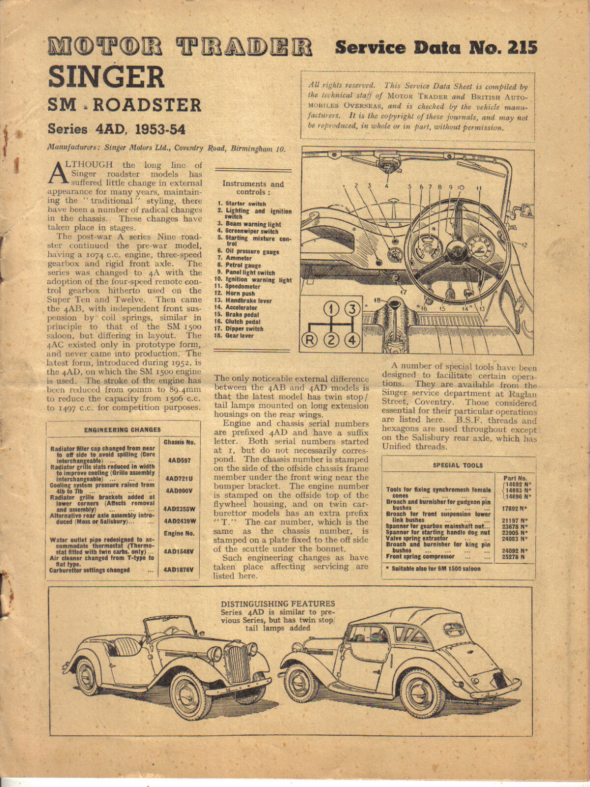 Singer SM Roadster Series 4AD 1953-54 Motor Trader Service Data No. 215 ...