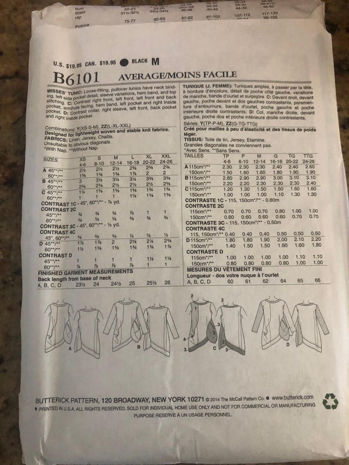 🌹BUTTERICK #B6101-LADIES SUMMER or WINTER SHAPED HEMLINE TUNIC PATTERN ...