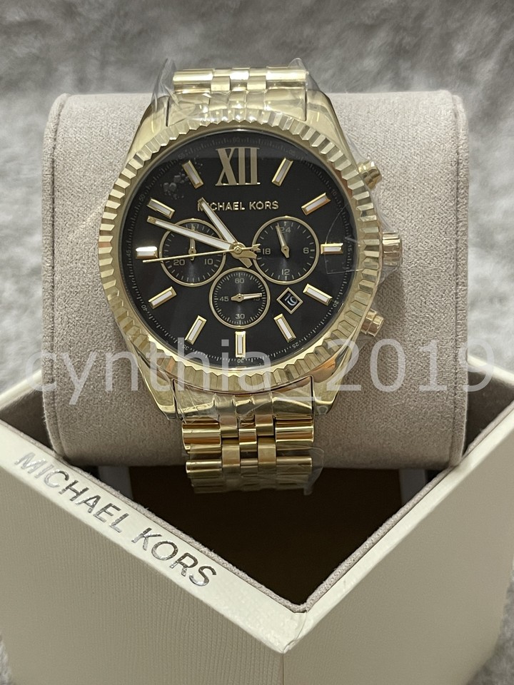 New Michael Kors MK8286 Lexington Chronograph Black Dial Gold-Tone Men ...