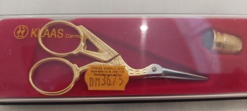 ROBERT KLAAS HANDMADE 3-1/2" GOLD PLATED STORK SCISSORS & THIMBLE ...