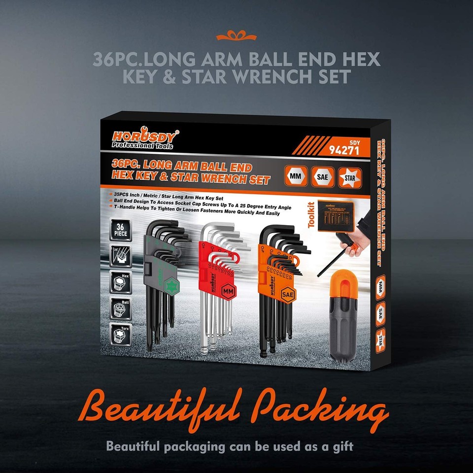 36 PC Long Arm Ball End Hex Key Allen Wrench Set Inch Metric Star With ...