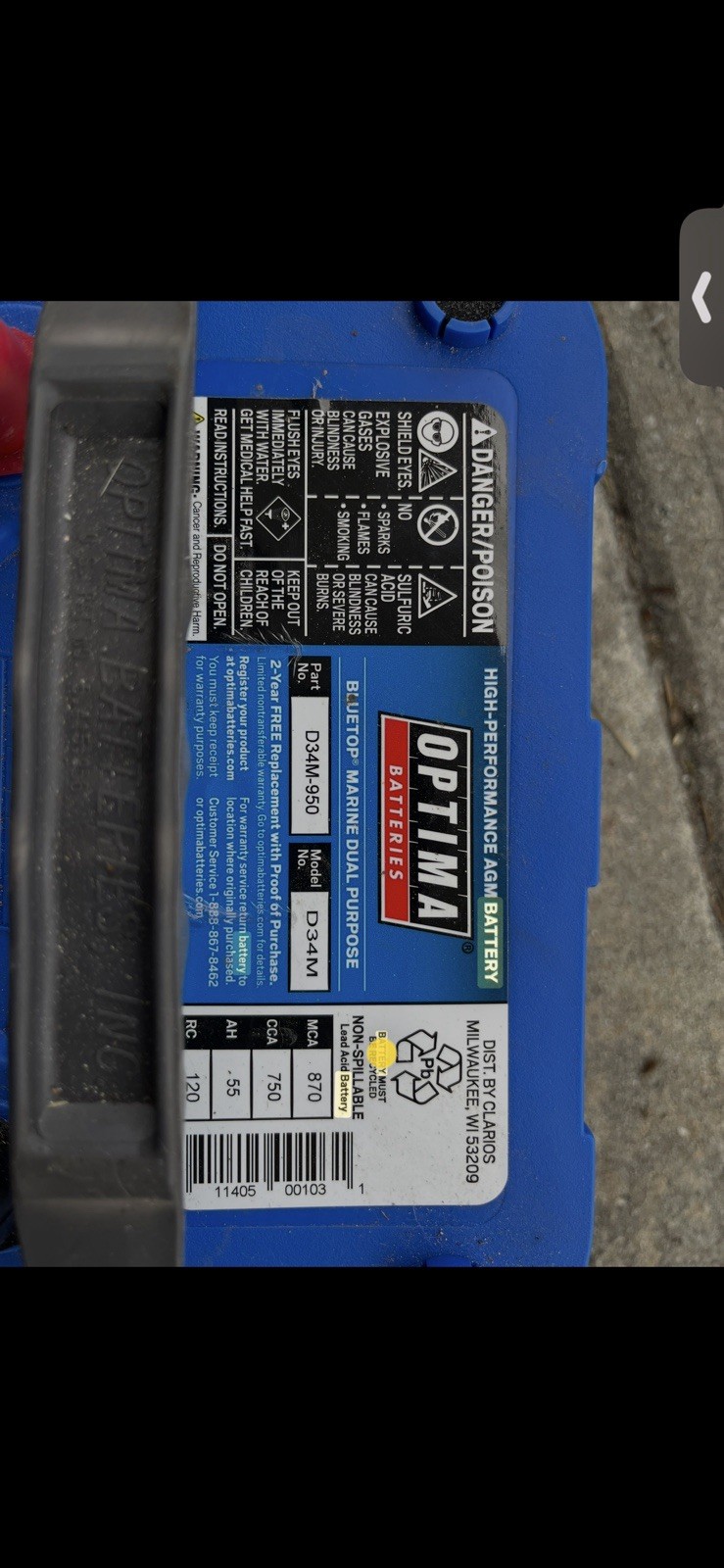 Battery For Optima Battery Blue Top 34M D34M D34 D34/78 | eBay