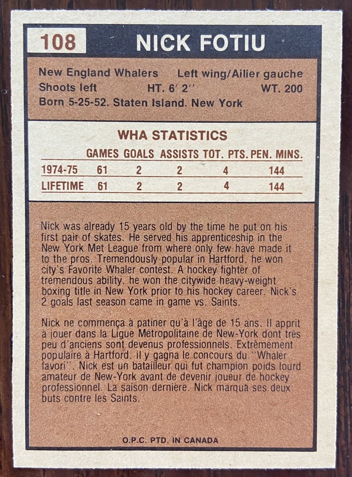 1975-76 OPC WHA #108 NICK FOTIU EX ROOKIE CARD NEW ENGLAND WHALERS!! | eBay
