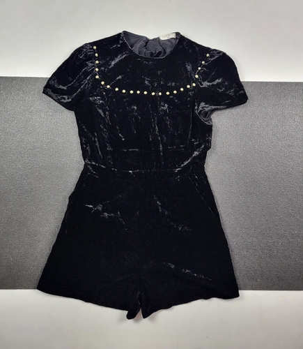 sandro paris jumpsuit shorts one piece velour velvet black pearls bow ...