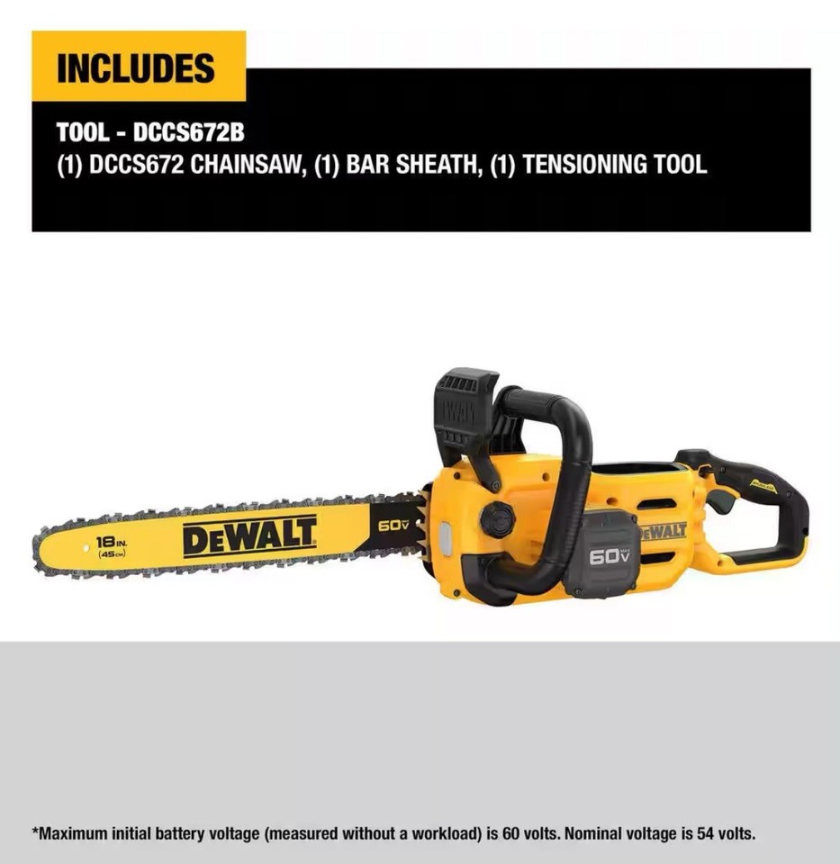 DeWALT FlexVolt 60V MAX 18in Brushless Chainsaw DCCS672B Tool Only ...