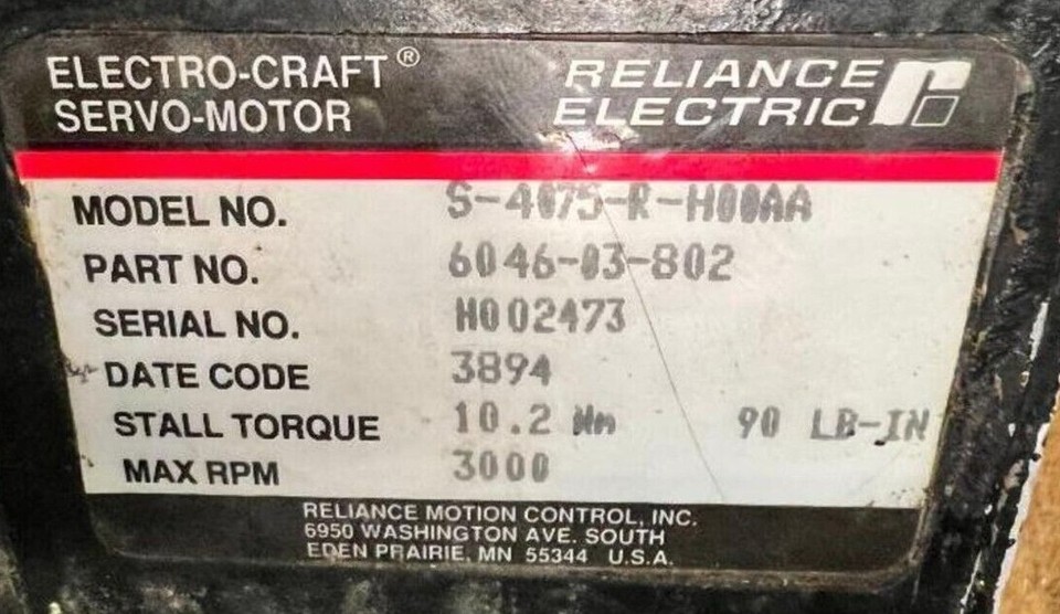 RELIANCE SERVO MOTOR S-4075-R-H00AA 90 LB STALL TORQUE 3000 RPM | eBay
