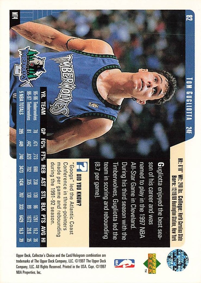 1997 Collector's Choice #82 Tom Gugliotta Minnesota Timberwolves | eBay