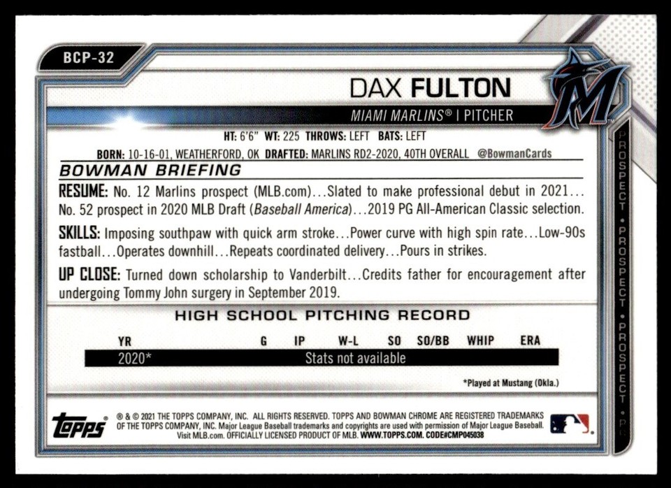 2021 Bowman Chrome Sapphire Dax Fulton G36 Miami Marlins #BCP-32 | eBay