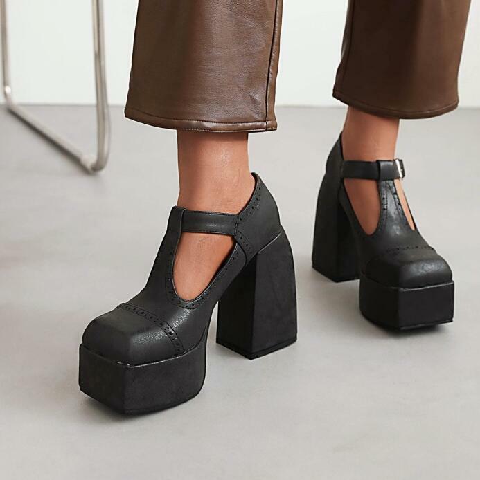Women Retro Brogue T-Shaped Buckle Block Heels Classic Square Toe ...