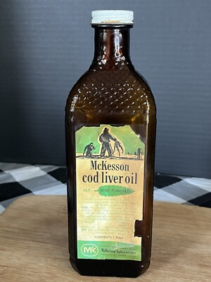 Antique Amber Glass Fish Bottle Cod Liver Oil Medicine Bottle Vtg USA ...