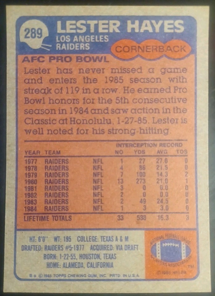 1985 TOPPS #289 LOS ANGELES RAIDERS LESTER HAYES [2] NM/MT 06371 | eBay