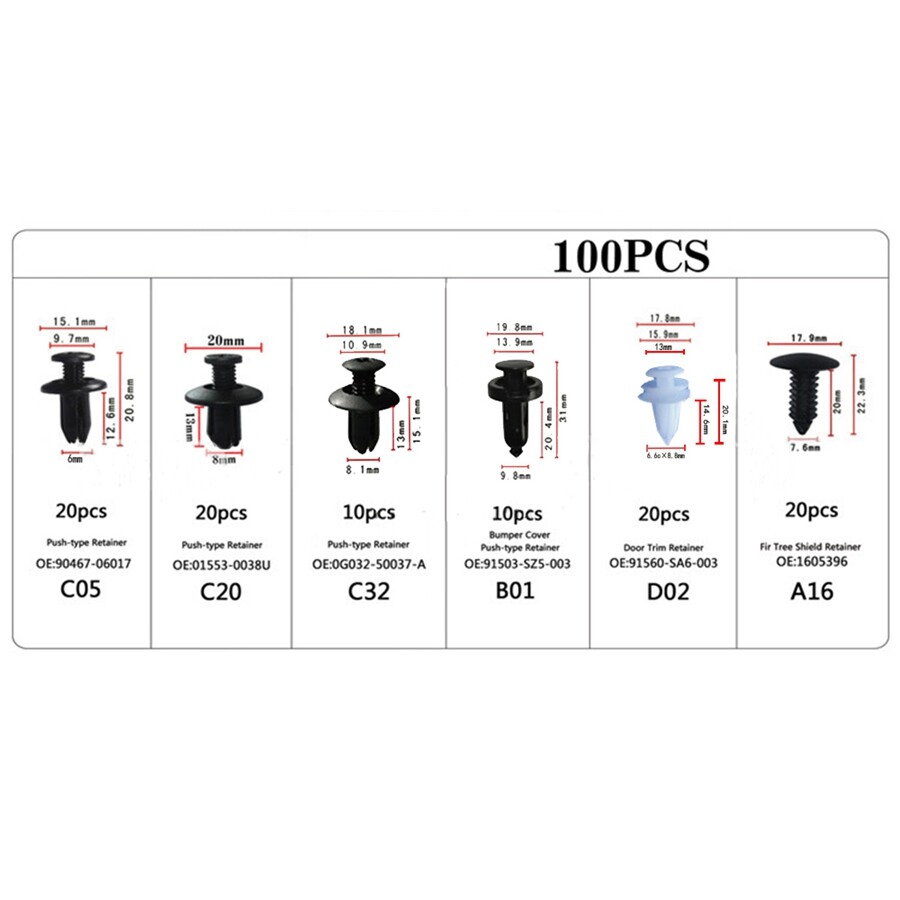 6 Size 100pc Clip Trim Car Push Pin Rivet Bumper Door Panel Retainer ...