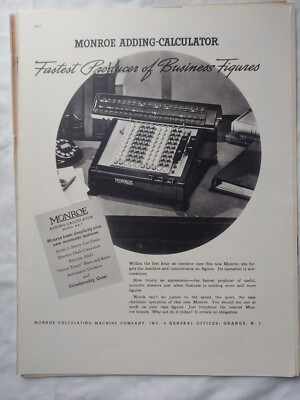 1937 VTG Orig Magazine Ad MONROE Adding Calculator Fastest Producer ...