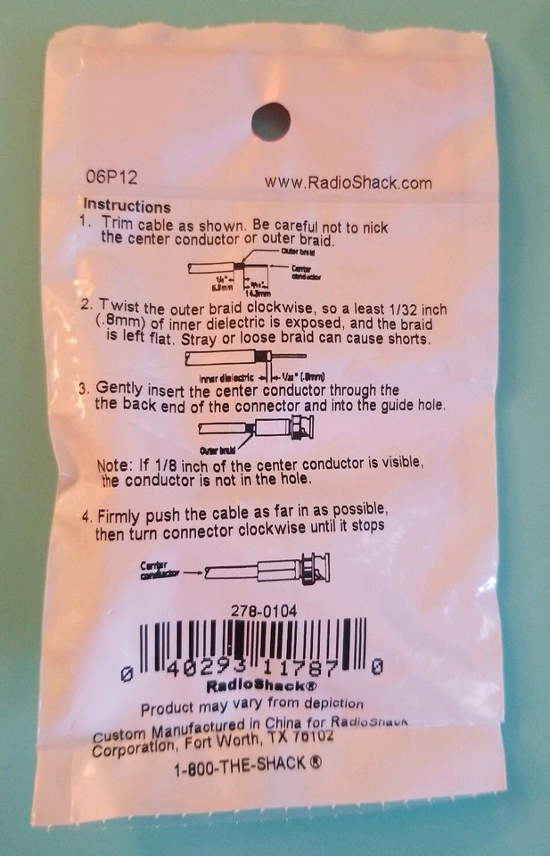 NEW! RadioShack Solderless UG-88 Male BNC Plug 2780104 278-0104 *FREE ...