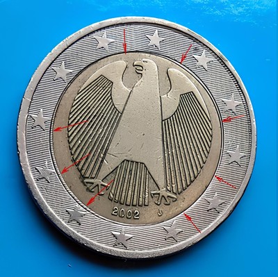 2 euro coin Germany 2002 mint mark J, Federal Eagle, with minting error ...