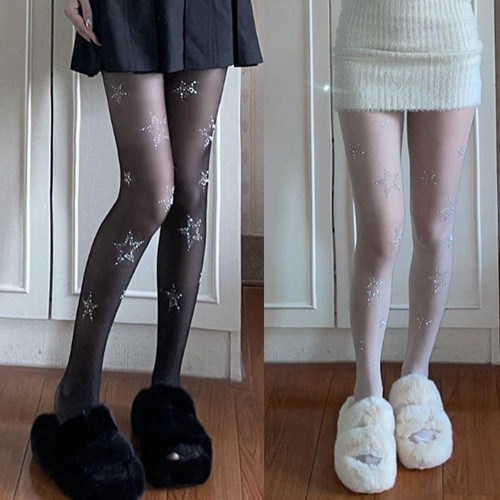 Black Color Thigh High Stocking Breathable Rhinestone Pantyhose Daily ...