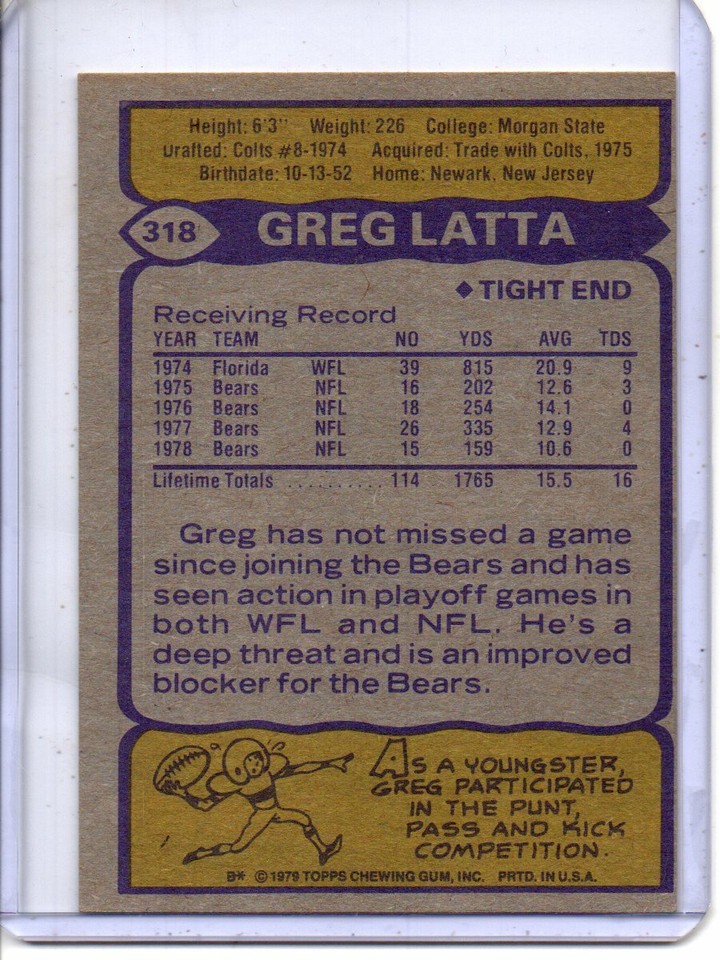 1979 TOPPS #318 GREG LATTA CHICAGO BEARS | eBay