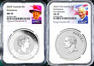2-Coin-Set Final Queen & 1st KING CHARLES EFFIGY Kookaburra 1oz SILVER ...