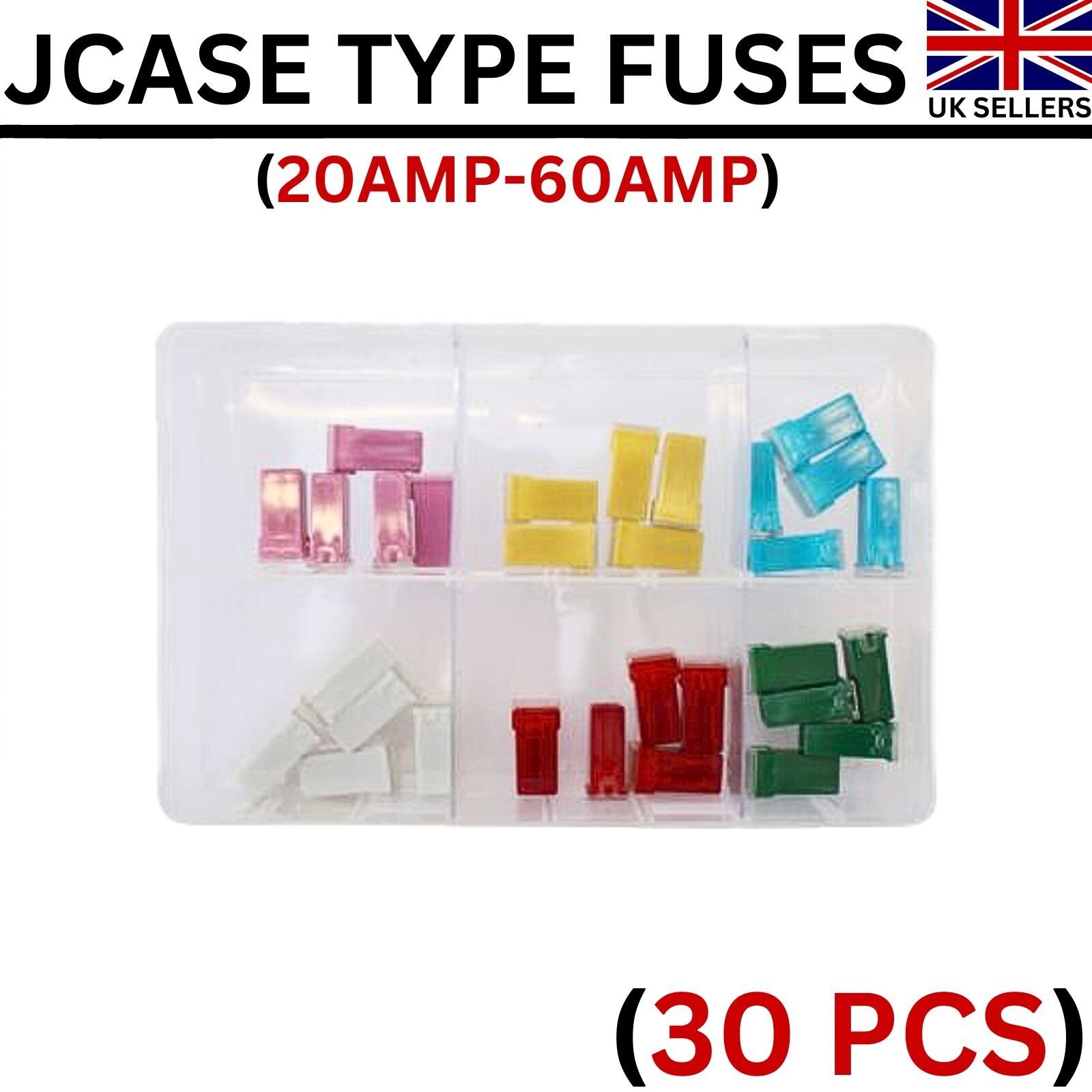 30 Pcs JCASE Type Fuses Assorted Box of (20-60AMP) Fuse J Case ...