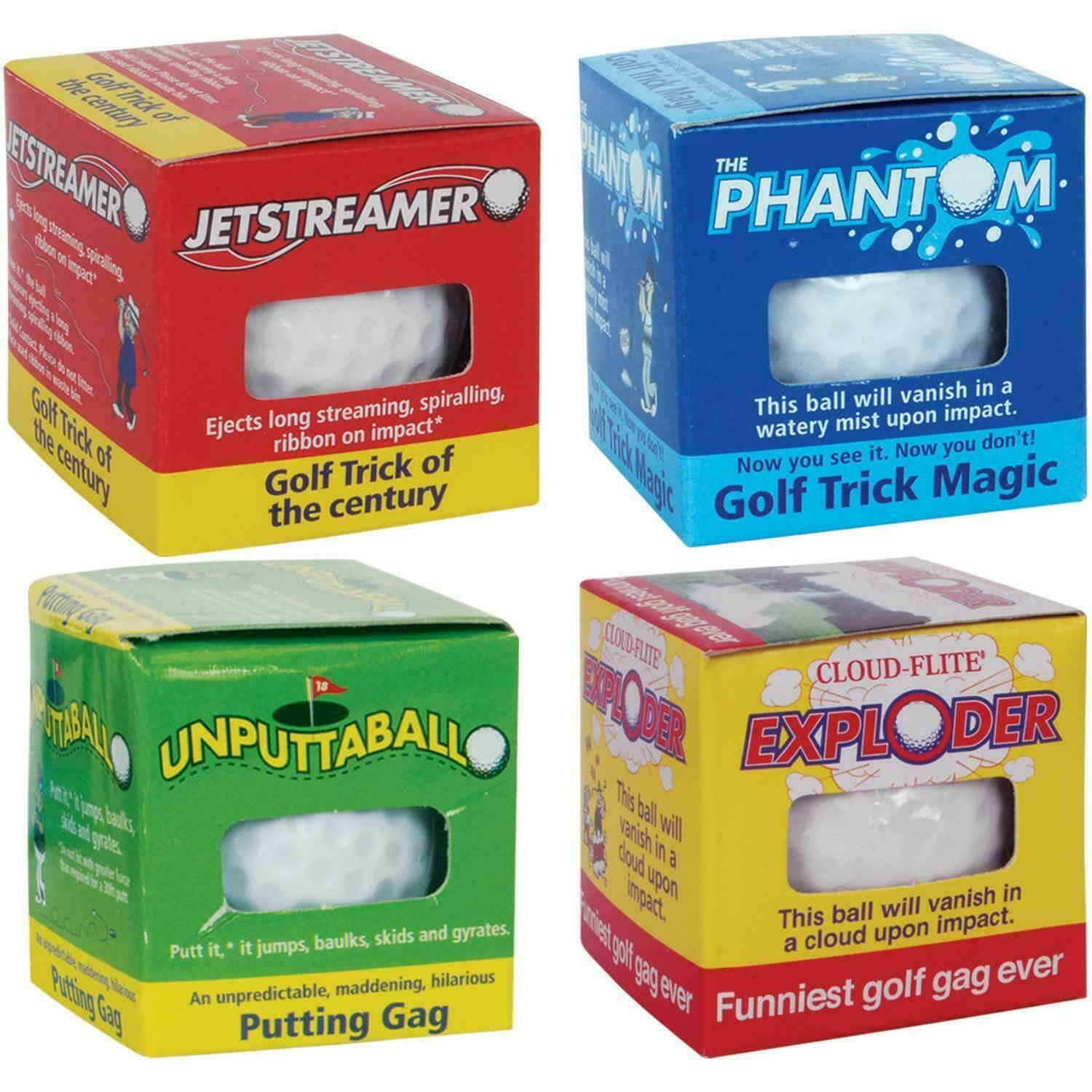 (4) Assorted Trick Prank Golf Balls ~ Exploding,Wobble,Mist,Streamer (1 ...