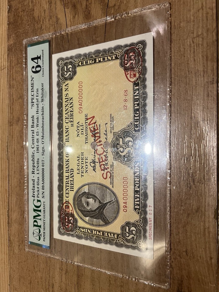 Ireland £5 Lady Lavery Specimen 12-8-68 PMG 64 Choice UNC Central Bank ...