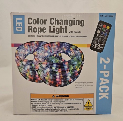 18ft LED Color Changing Rope Light with Remote (2-pack) 8 Settings ...