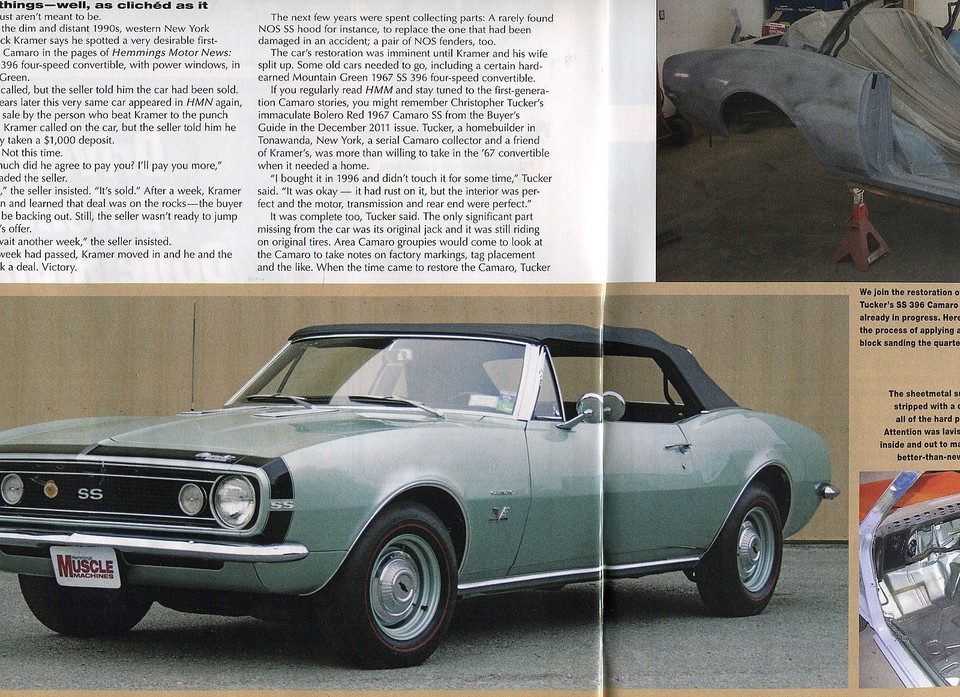 1967 CHEVROLET CAMARO SS 396 CONVERTIBLE RESTORATION 6 pg Color Article ...