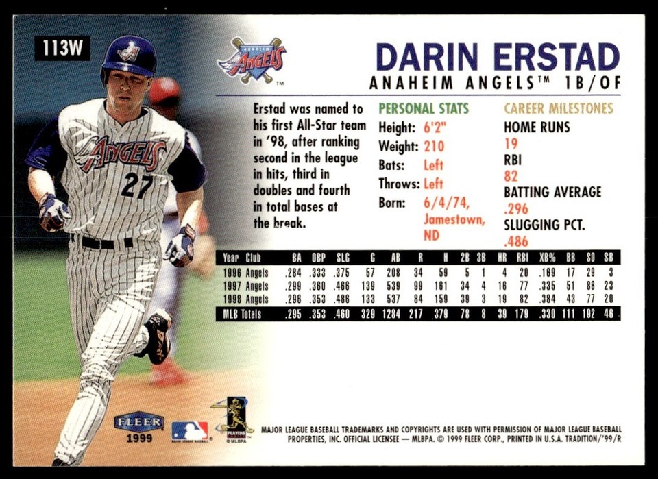 1999 Fleer Tradition Warning Track Collection Darin Erstad Anaheim ...