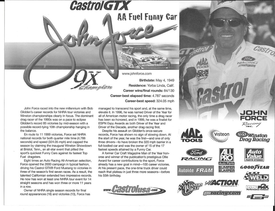 John Force NHRA Autographed Hero Card Top Fuel Funny Car 2000 | eBay