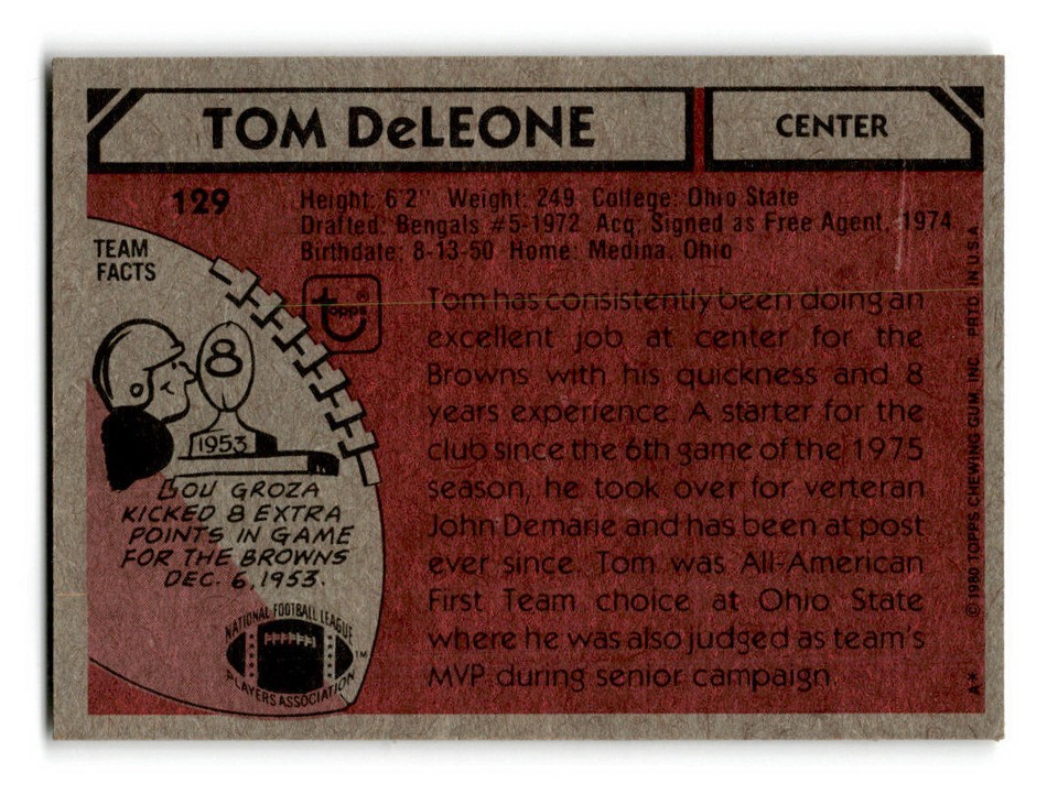 1980 Topps Tom DeLeone #129 Cleveland Browns | eBay