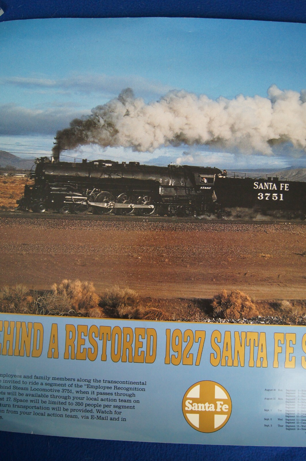 1927 Steam Locomotive Employee Tour Santa Fe Railroad Poster 30 x 22.5 ...