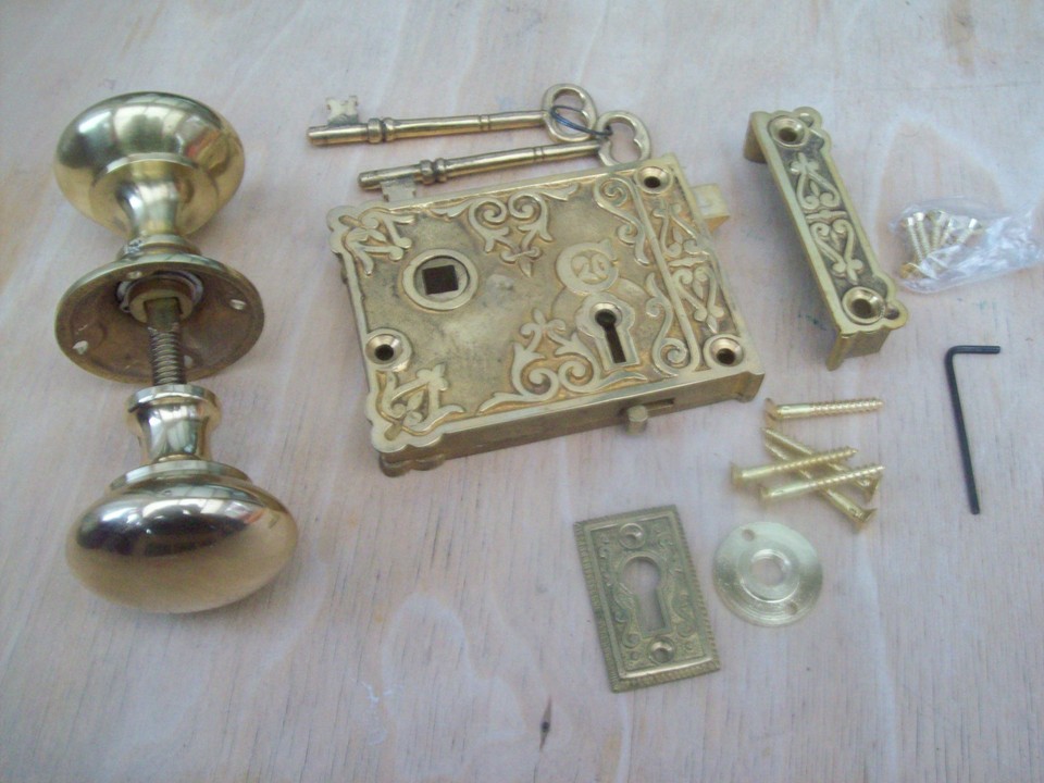 FANCY ORNATE DECORATIVE OLD VICTORIAN STYLE SOLID BRASS DOOR RIM LOCK ...