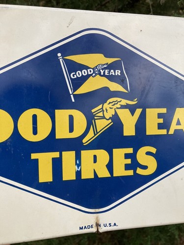 Vintage original GOODYEAR TIRES advertising metal rack sign w/ wingfoot ...