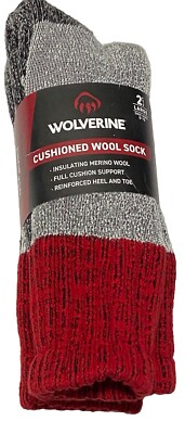Wolverine 2-Pair Men's Cushioned Wool Socks Gray/Red | eBay