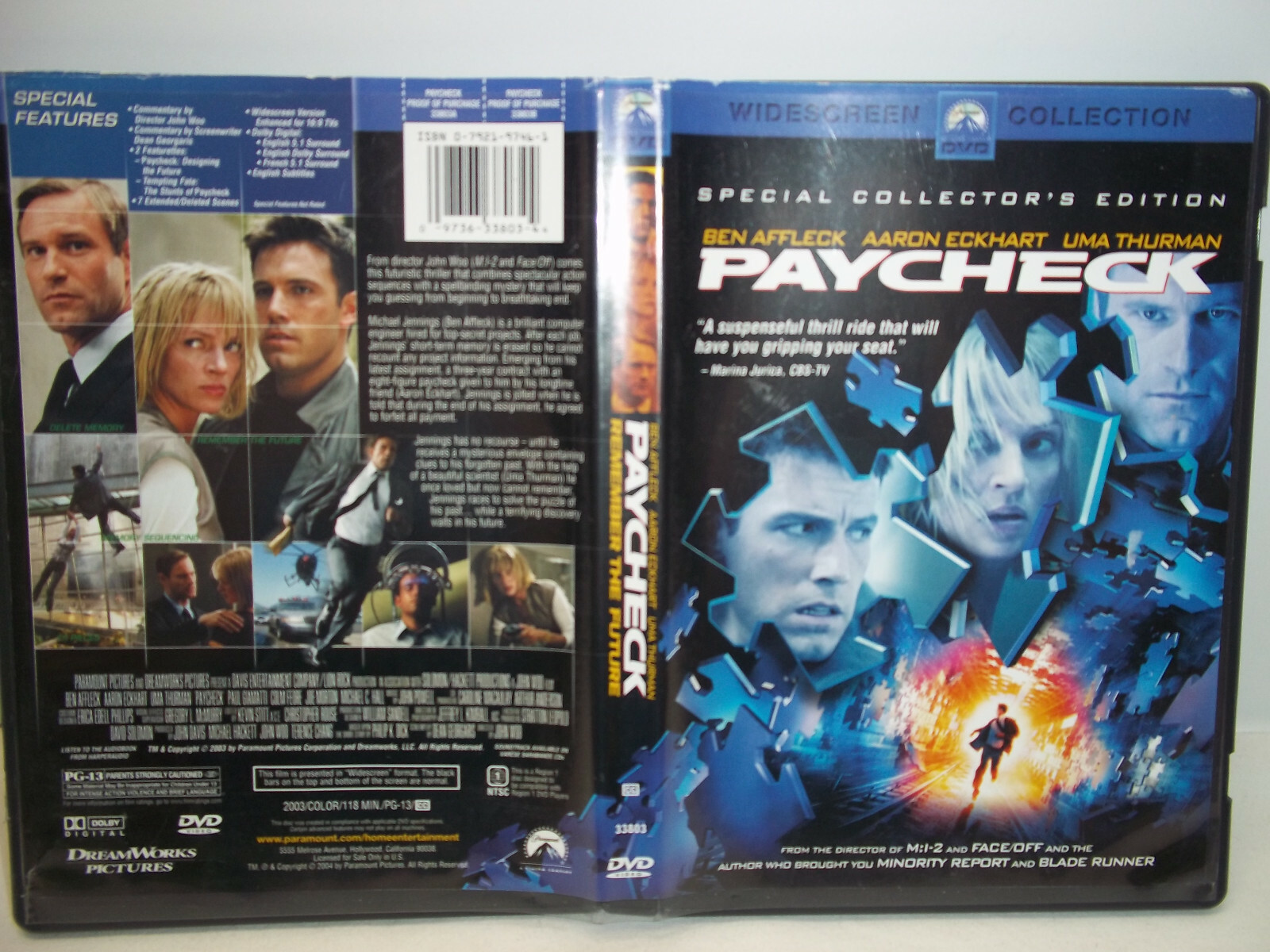 Paycheck DVD Widescreen Ben Affleck Uma Thurman Aaron Eckhart | eBay