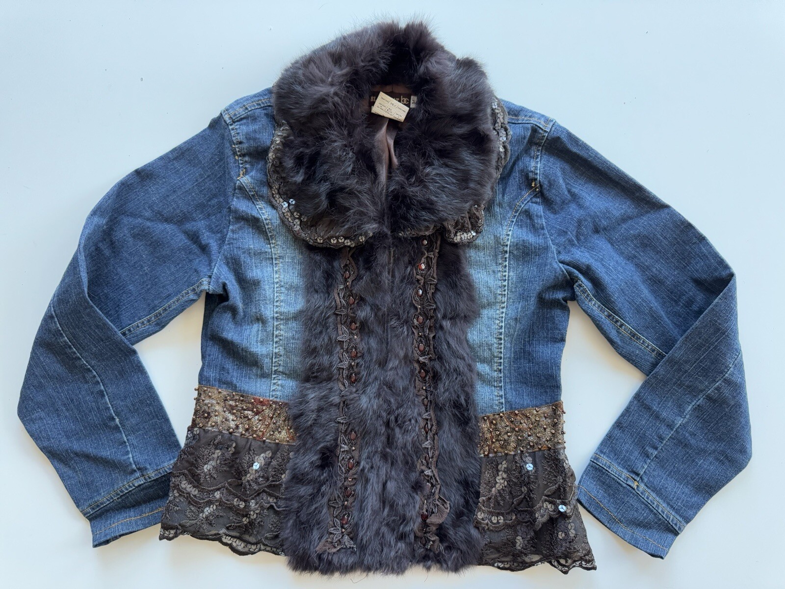 vintage 90s Y2K denim jean beaded embellished fur jacket Women’s | eBay