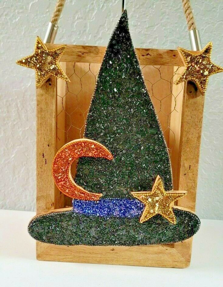 Authentique Spooky Night LED Candle Holder Wood Halloween Witch Hat | eBay