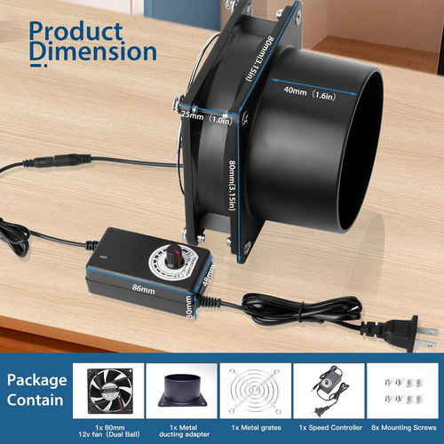 Small Axial Exhaust Fan 80Mm 12V DC Fan with AC Plug Dual Ball Bearings ...