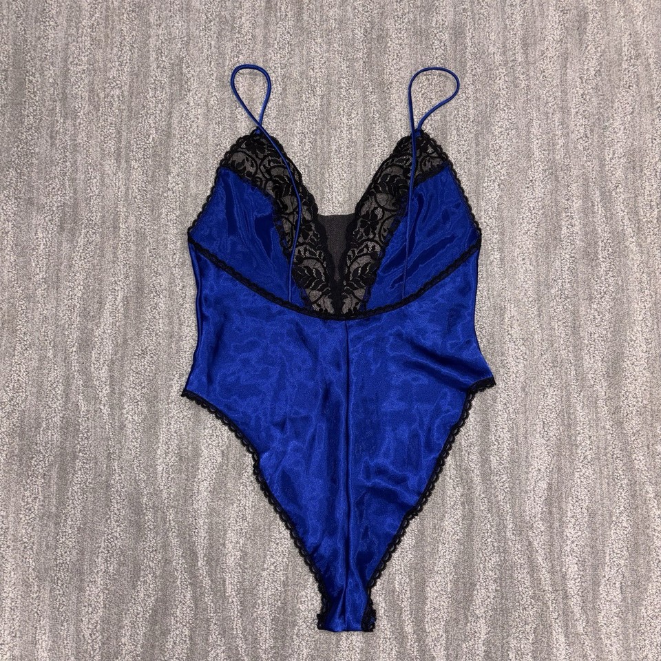 VTG Val Mode Lingerie Blue Satin Teddy Bodysuit Lace Trim 90’s Women’s ...