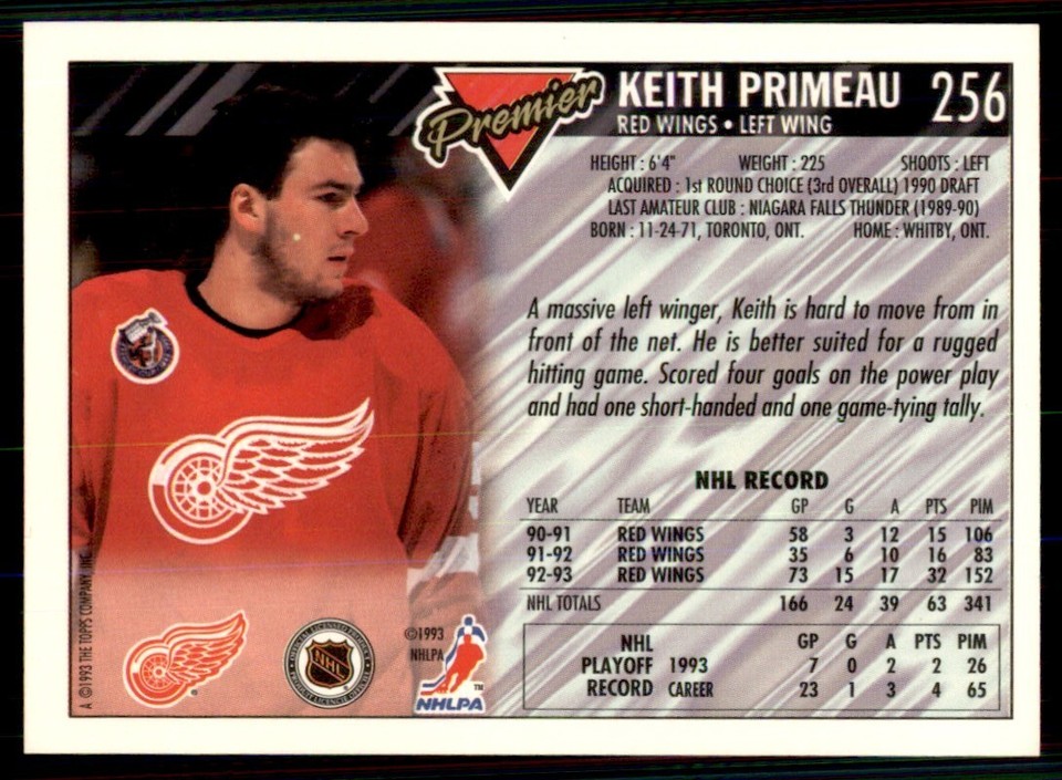 1993-94 Topps Premier Keith Primeau Detroit Red Wings #256 NHL Hockey ...