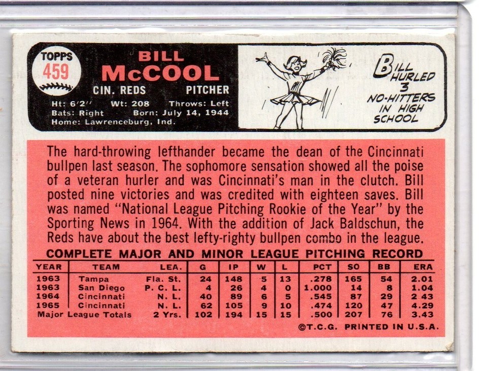 Topps Baseball Card 1966 #459 BILL MCCOOL SEMI HIGH VINTAGE 1960S FREE ...