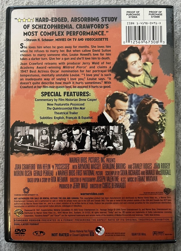 Possessed (DVD, Warner Bros., 2005) Joan Crawford & Van Heflin In Noir ...