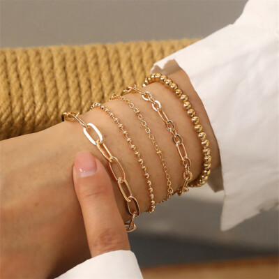 5Pcs Bohemian Gold Color Bracelets Set For Women Adjustable Beaded ...