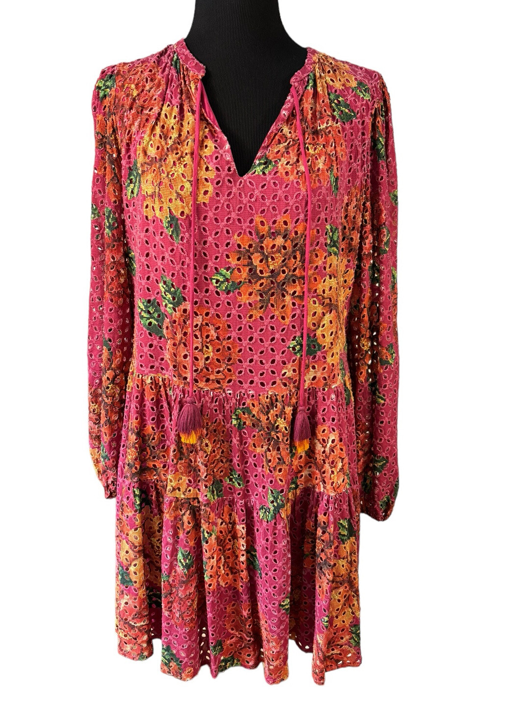 Farm Rio Anthropologie Pink Floral Eyelet Tiered Tuni… - Gem