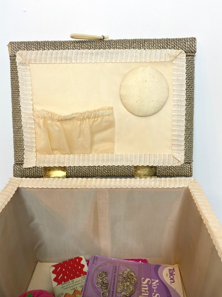 Vintage Tapestry Fabric Cushion Covered Sewing Box Basket w Handle And ...