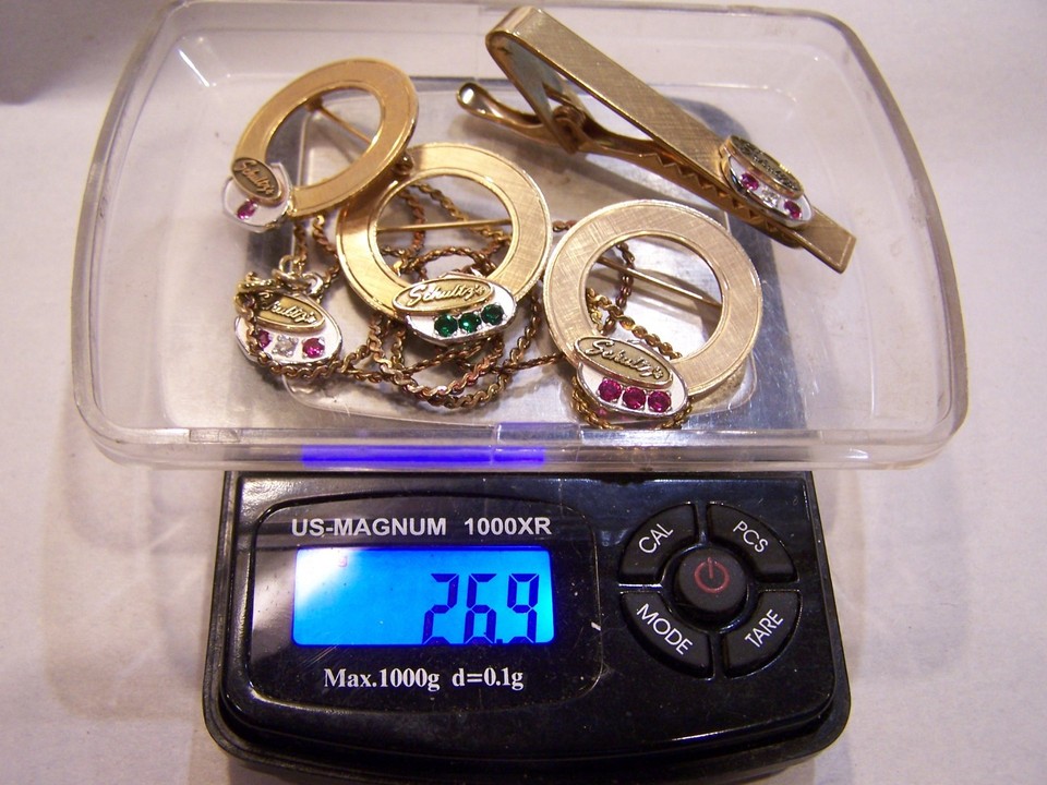 5 VTG Diamond Emerald Ruby SCHULTZ'S 14K Multi Gold Pendant Pins Tie ...